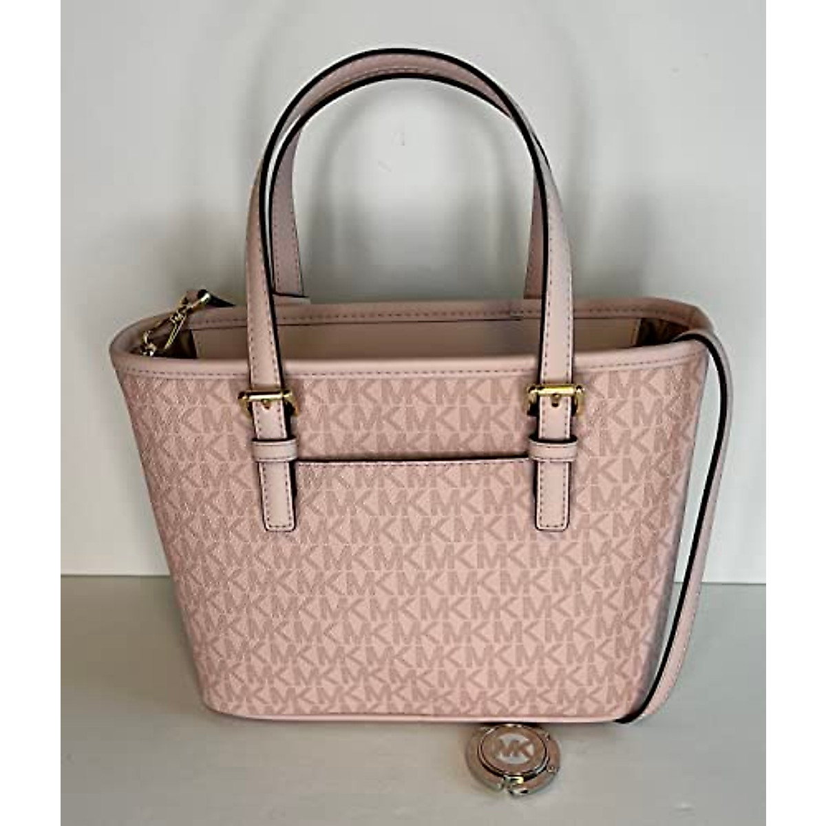 Michael Kors Jet Set Travel XS Carryall Convertible Top Zip Tote bundled with SM TZ Coinpouch and Purse Hook (DK Powder Blush)