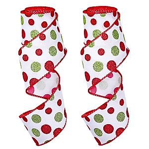 2 Rolls Christmas Ribbons Polka Dot Ribbon Wired Glitter Christmas Wired Ribbons Burlap Decorative Ribbons for DIY Craft Wreath Bows (Green, Red, 2.5 Inch x 6 Yard Per Roll)