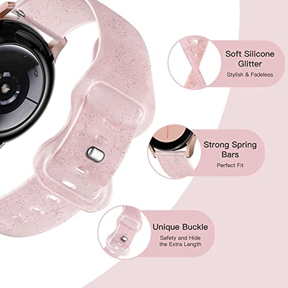 GEAK Silicone Watch Band for Samsung Galaxy Watch 4, 40mm-44mm, Shiny Glitter, Replacement Bands, Women's Pink