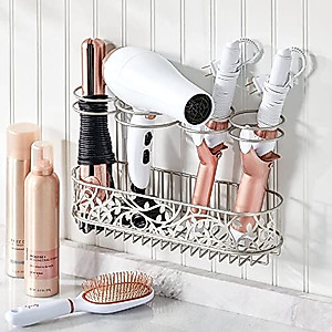 mDesign Steel Wall Mount Hair Dryer Holder, Styling Tool Storage Organizer Basket for Bathroom - Holds Hair Dryer, Flat Iron, Curling Wand, Hair Straighteners, Brushes - Arbor Collection - Satin