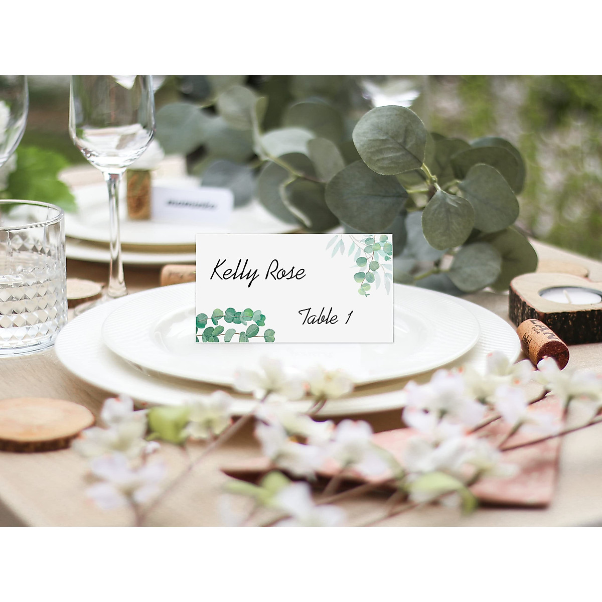 RokAPary Eucalyptus Tented Table Place Cards, for Wedding, Bridal Shower, Bachelorette or Engagement Party, Dinner Parties, Banquets, Easy Folding, 2"x3.5" Pack of 50 Cards, Made in USA
