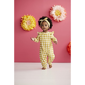 Mud Pie Gingham Bodysuit and Headband Set, Mustard, 3-6 Months