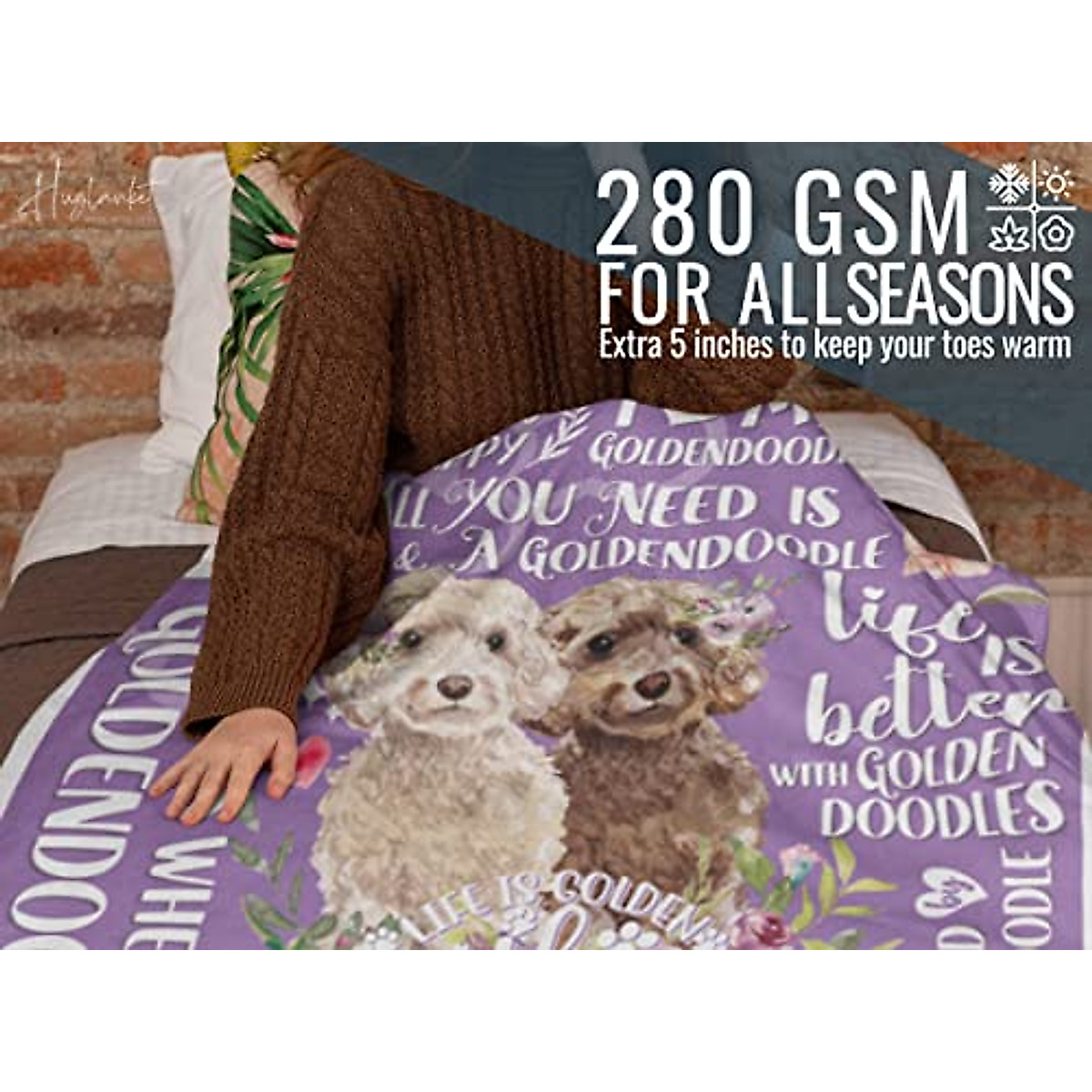 Huglanket Goldendoodle Gifts, Goldendoodle Blanket for Goldendoodle Mom, Cute & Unique Goldendoodle Design, Throw Blanket Gifts for Dog Lovers, Family, Friends, Flannel Plush Blankets - 50"x 65"