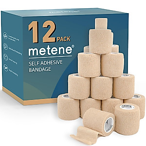 Metene Self Adhesive Bandage Wrap 12 Pack, Athletic Tape 2 Inches X 5 Yards, Sports Tape, Breathable, Waterproof, Elastic Bandage for Sports, Wrist and Ankle Wrap Tape, Non-Woven Bandage(Beige)