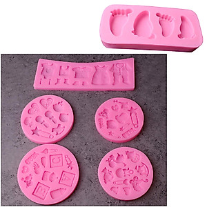 Rainmae 6Pcs Cute Baby Silicone Fondant Cake Mold Baby Birthday Party Kitchen Baking Mold Cake Decorating Moulds Modeling Tools Baby Shower Gender Reveal Party Gummy Sugar Chocolate Candy Cupcake Mold