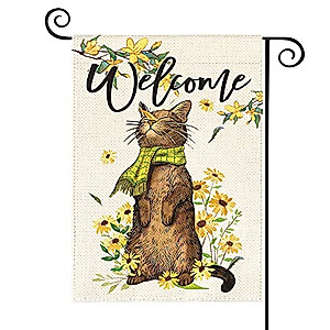 AVOIN colorlife Spring Summer Flower Cat Garden Flag 12x18 Inch Double Sided Outside, Yellow Daisy Sunflower Welcome Yard Outdoor Flag
