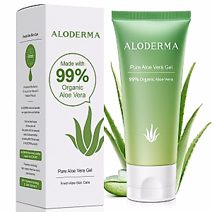 Aloderma 99% Organic Aloe Vera Gel Made within 12 Hours of Harvest, Refreshing Travel Size Aloe Vera Gel for Face & Body, Cooling, Soothing Instant Relief for Skin & Sunburn, Hydrating Aloe Gel, 1.5oz