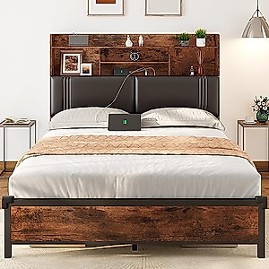Alohappy Full Size Bed Frame with 51” Storage Headboard, Wooden Platform Bed Frame with Chargig Ports & LED Lights, Upholstered LED Bed Frame, No Box Spring Needed