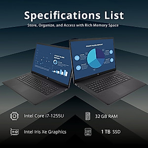 HP Laptop, 17.3 Inch FHD Business Laptop, Intel Core i7-1255U, 32GB RAM, 1TB SSD, Windows 11 Pro, Numeric Keypad, HDMI, Black, PCM