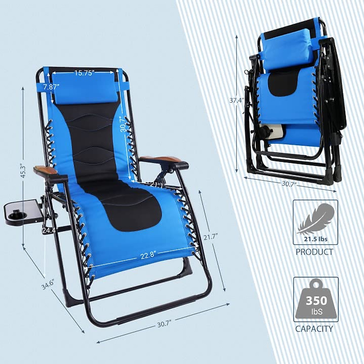 Cecarol XL Oversized Reclining Patio Chair, Zero Gravity Outdoor Lounge Chair Padded Seat, Portable Folding Lawn Recliner with Adjustable Headrest & Cup Holder for Camping, Support 350lbs - Blue