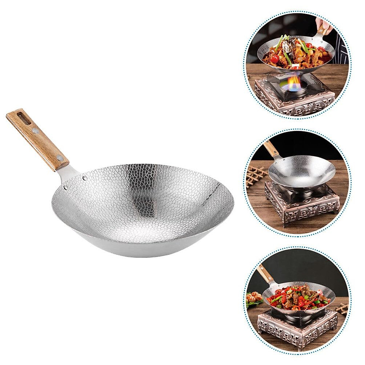 Luxshiny Wok Pan Non-stick Stainless Steel Stir Fry Pans With Wooden Handle 24cm Traditional Hand Hammered Round Bottom Woks Cooking Pot Cookware For Gas Induction Or Electric Stove