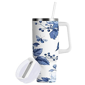 RPLIFE Blue and White Floral Tumbler with Handle and Straw, Stainless Water Bottle, Insulated Cups with Lids, Tumbler for Men
