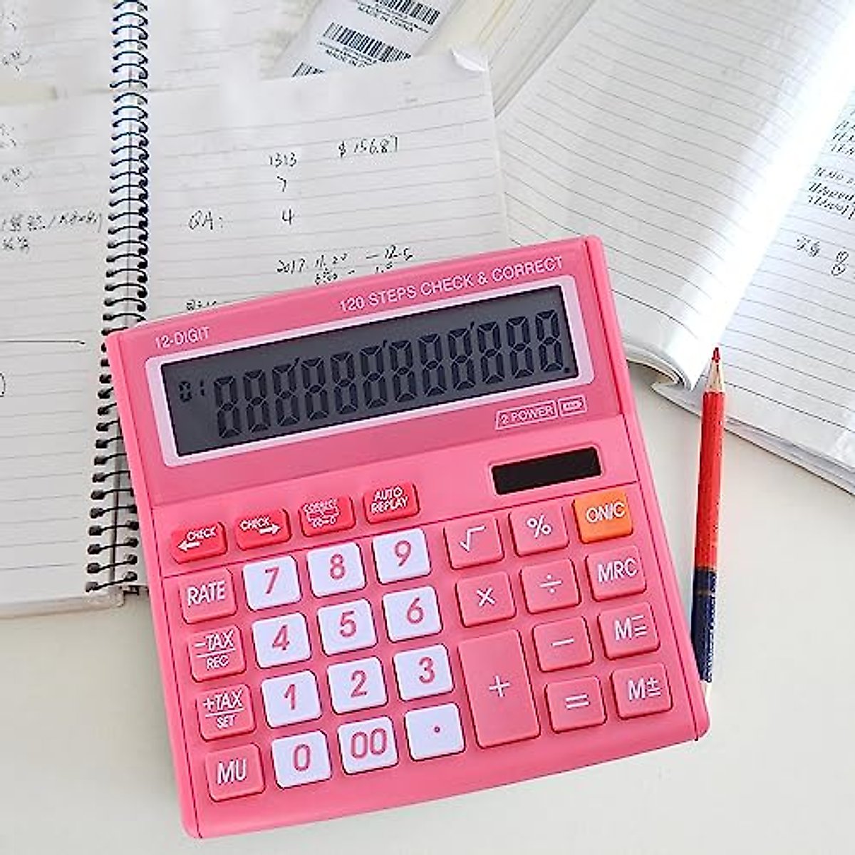 Office Desk Calculator 12 Digits with Solar Power and Easy to Read HD LCD Display, Big Buttons, for Financial Affairs,Home, Office, School, Class and Business,with Battery，Pink