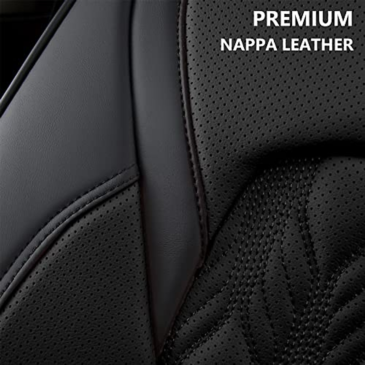 Coverado Car Seat Covers, Premium Nappa Leather Auto Seat Cushions Full Set with Embossed Pattern, Universal Fit Interior Accessories for Most Cars, Sedans, SUVs and Trucks, Black (Black, FullSet)