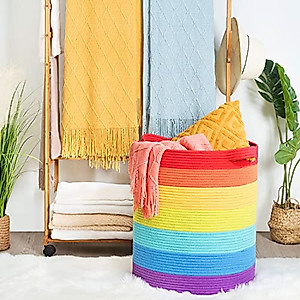 MINTWOOD Design Extra Large 20 x 18 Inches Decorative Woven Cotton Rope Basket, Tall Laundry Basket Hamper, Blanket Basket for Living Room, Round Storage Baskets for Pillows, Towels, Rainbow