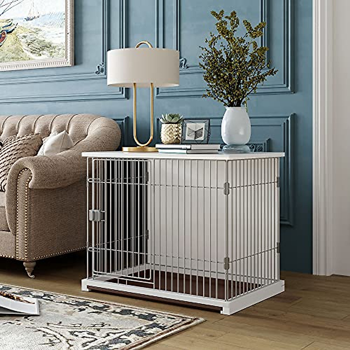 EMKK 34" Wooden Structure White Dog Cage Crate, End Table with Movable Salver, Dog House Cage Indoor Use, with Wide Table Top,Dog Crates for Large Dog Mental Wire Crates Dog Kennels Pet Dog Cage Crate