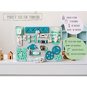Sensory and Activity Busy Board for Toddlers - Made in Ukraine BD Gift for Boy and Girl, Baby, Kids, Children - Learning, Education, Travel (Gray Blue Mint) Wooden