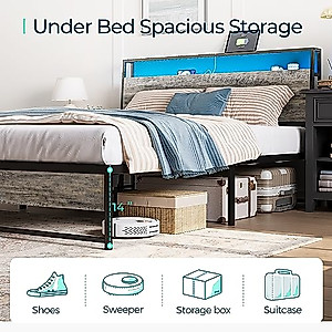 LINSY Full Bed Frame with Storage, Ergonomic Headboard, 14 inch Fast Assembly Metal Bed with Lights, Outlets & USB, Full Size, Noise Free, No Box Spring Needed, Greige