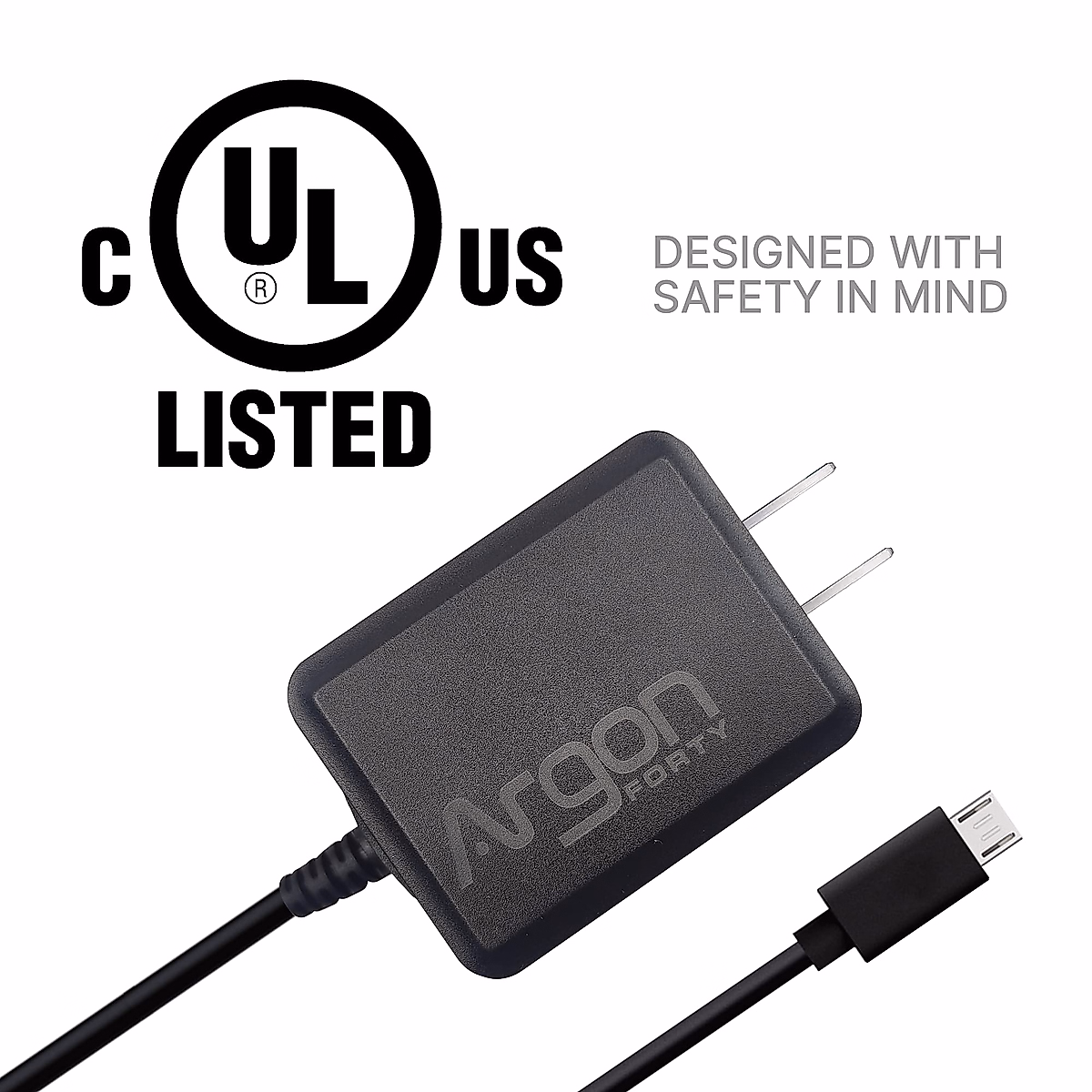 Argon Micro USB Cable Power Supply 5.25 Volts 3 Amps for Raspberry Pi 3 and Zero Boards | UL Listed | 3.3 Feet Long Cable with Micro USB Connector | Micro USB Cable and Wall Charger