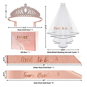 Bachelorette Party Decorations Kit, Bridal Shower Gift Supplies, Rose Gold Bride to Be Bachelorette Sash Veil Crown Tiara for Bride, Team Bride Tribe Sash for Bridesmaids