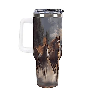 LLUTSNTH 40 Oz Vacuum Tumbler with White Handle Leakproof Insulated Tumbler Horses Stainless Steel Travel Mug with Lid And Straw Coffee Cup Cute Water Bottles Cup Holder Friendly