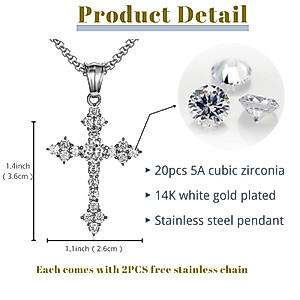 Ropartman Silver Cross Necklace for Women, [ 5A Cubic Zirconia ] 14K Gold Plated Stainless Steel Cross Pendant for Women, 19" necklace included