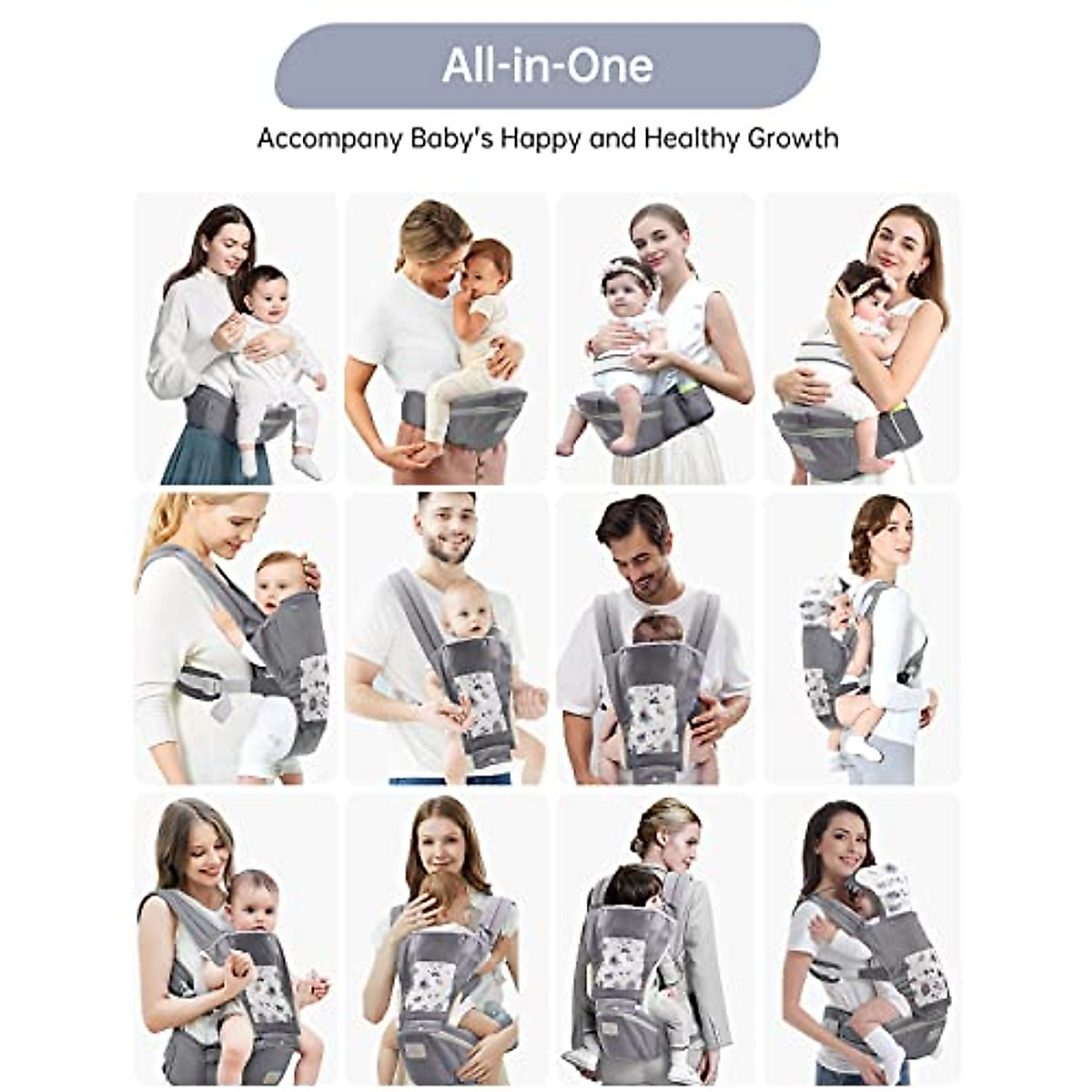 Baby Carrier Newborn to Toddler, Mumgaroo Ergonomic 6-in-1 Baby Carrier with Hip Seat Complete All Seasons, Adjustable & Removable Baby Holder Backpack with Baby Hood 0-36 Months (Grey)