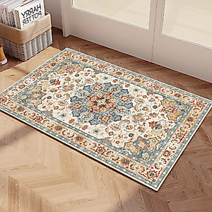 Yancorp 2'x3' Boho Area Rug for Bedroom Non Slip Washable Rug Vintage Carpet Living Room Non-Shedding Indoor Floor Mats Bedroom Kitchen Entryway Rugs-Rectangular Blue Red