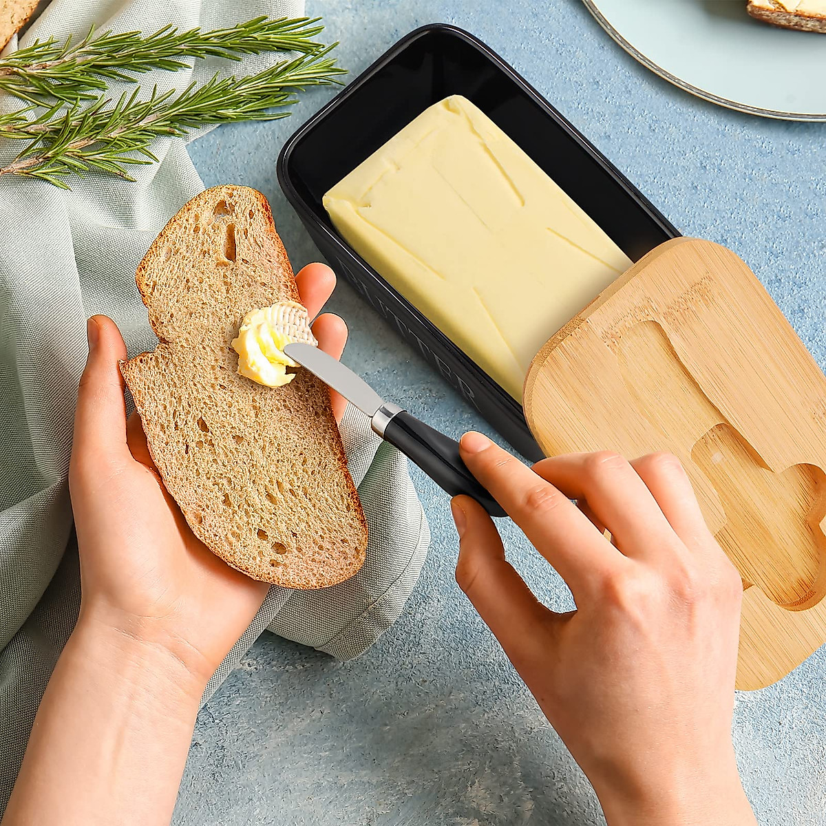 Ceramic Butter Dish with Lid and Knife, Airtight Black Butter Container, Butter Holder for Butter Storage, Butter Keeper for Countertop, Perfect for West or East Coast Butter