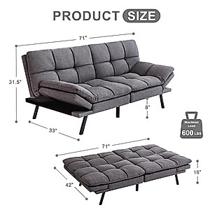 MUUEGM Futon Sofa Bed Couch,Memory Foam Convertible Sofa Sleeper Couch,Modern Futon Couch Daybed Love Seat for Living Room Small Space Apartment Office,Adjustable Armrest Backrest,Linen Fabric,Grey