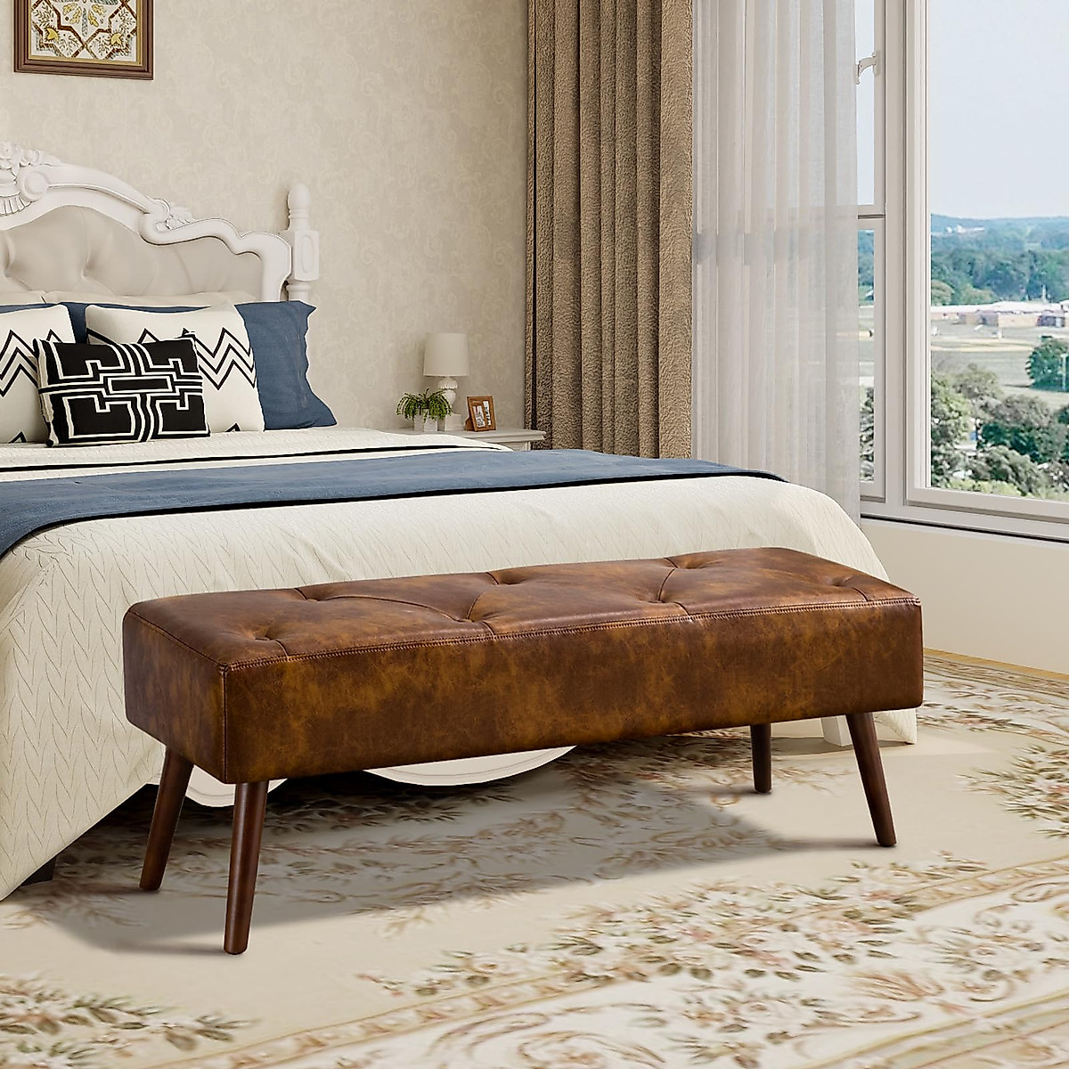 Furnimart Faux Leather Bench Ottoman, Tufted Button Bedroom Benches Footrest Stool in Solid Wood Legs, Long and Dining Bench, Indoor Bench for Entryway Living Room Bedroom (Leather-DustYellow)