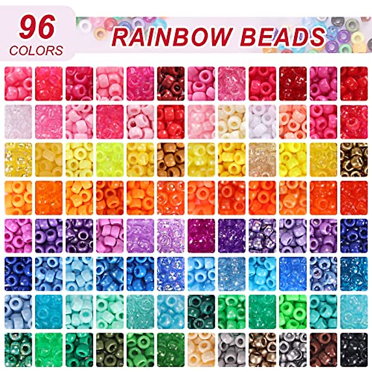 QUEFE 3250pcs Pony Beads Set, Kandi Beads 2400pcs Rainbow Beads in 96 Colors, 800pcs Letter and Heart Beads with 20 Meter Elastic Threads for Bracelet Jewelry Necklace Making