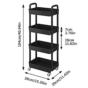 Buzowruil 4-Tier Utility Rolling Plastic Storage Cart Trolley with Lockable Wheels,Multifunctional Storage Shelves for Kitchen Living Room Office,Black