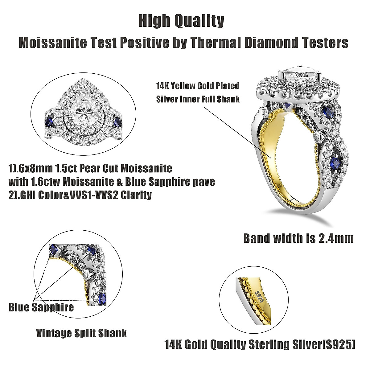 DovEggs Moissanite Engagement Rings for Women 3.1ctw Total 6x8mm GHI Pear Cut Moissanite Vintage Double Halo Wedding Ring Moissanite&Sapphire Accents 14k Gold QUALITY Sterling Silver Two Tone （7.5）