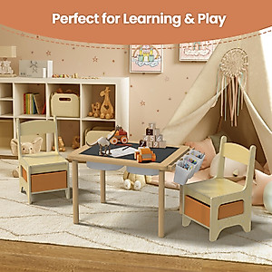 CMFYDAILY Pine Wood Toddler Table and Chair Set, Sensory Kids Table with Stroage & Graffiti Desktop Activity Table for Eat, Craft, Read, Draw, Art, Puzzle, Play