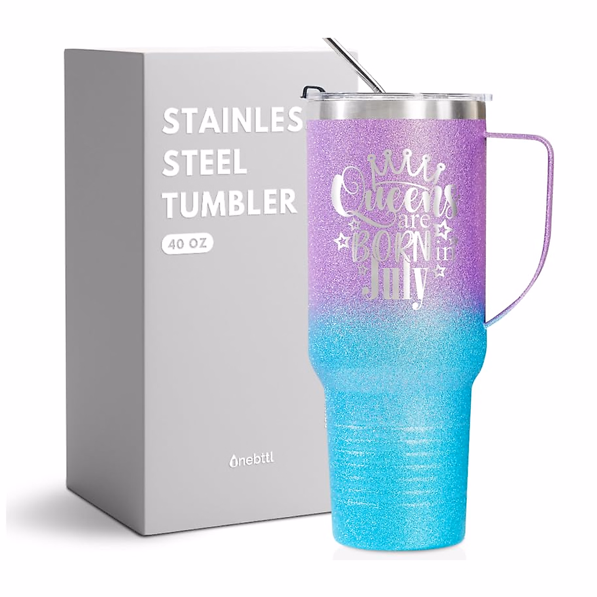 Onebttl Funny Birthday Gifts for Women, Her, Birthday Queen, 40 oz Tumbler with Handle, Glittery Purple and Teal Ombre, Queens are Born in July