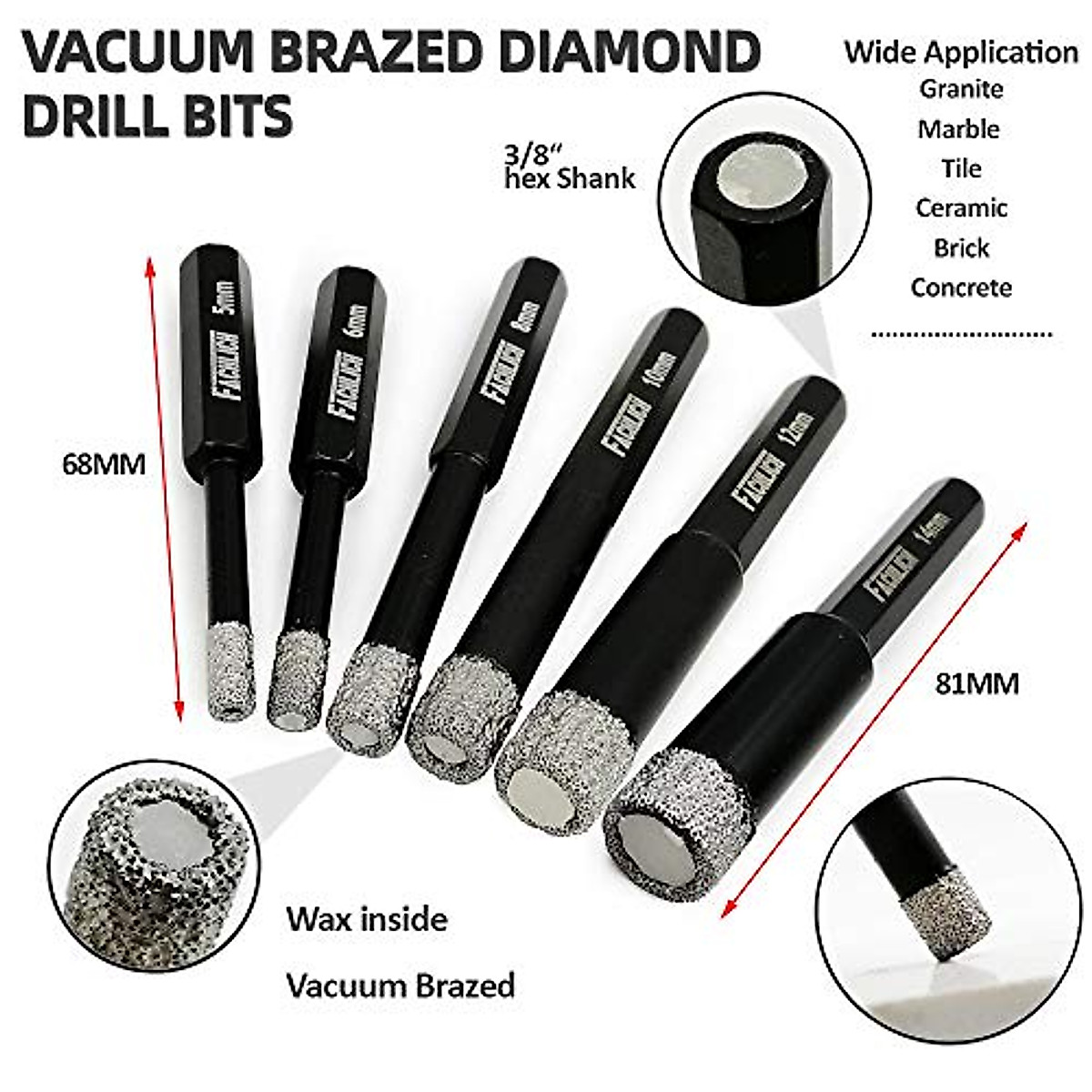 FACHLICH 2 Pieces 12mm Diamond Drill Bits for Porcelain Tile Granite Marble Brick