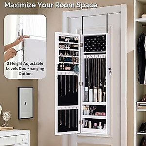 LUXFURNI Jewelry Cabinet, Wall-Mount/Door-Hanging Full Length Mirror With Storage, Lockable Armoire Organizer, Built-in Makeup Mirror, White