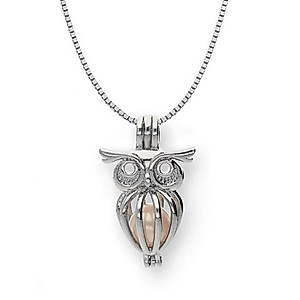 Pearlina Sterling Silver Owl Necklace Cage Cultured Pearl in Oyster Wish pearl Set 18"