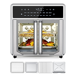 Air Fryer 15.8 Qt,French Door Toaster Oven Combo Compact Countertop Design,18 Presets & 1 Preheat & 1 Light,Easy Clean,Simple Panel,Multi Cooking,4 Accessories,Stainless Steel,Kitchen Elite
