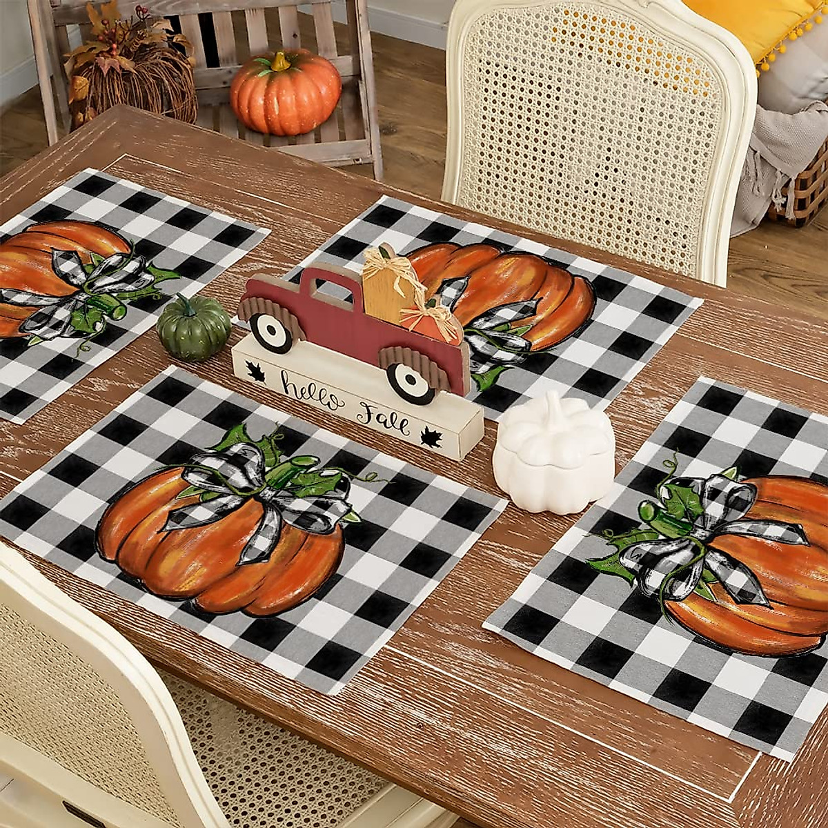 GEEORY Fall Placemats, 12x18 Inch Set of 4 Buffalo Plaid Check Pumpkins Table Decoration for Kitchen Dining, Indoor & Outdoor Dinner Party (Orange Pumpkin) GP085-18