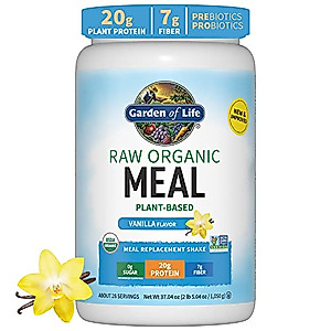 Tasty Organic Vanilla Meal Replacement Shake Vegan - Garden of Life - 20g Complete Plant Based Protein, Greens, Digestive Enzymes, Pro & Prebiotics for Easy Digestion – Non-GMO, Gluten-Free, 2.3 LB,Packaging may vary