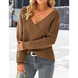 KIRUNDO 2023 Fall Winter Women's Long Sleeve Cross Wrap V Neck Knit Sweater Off Shoulder Backless Casual Pullover Tops(Camel, Small)
