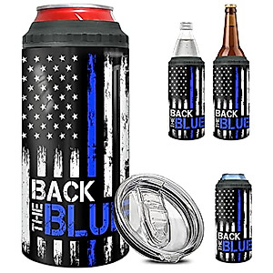 winorax Police Gifts Back The Blue American Flag Tumbler 4-in-1 Can Cooler Stainless Steel 16oz Travel Mug Coffee Cups US Flag Police Academy Graduation Gifts for Men Cops Officer Retirement