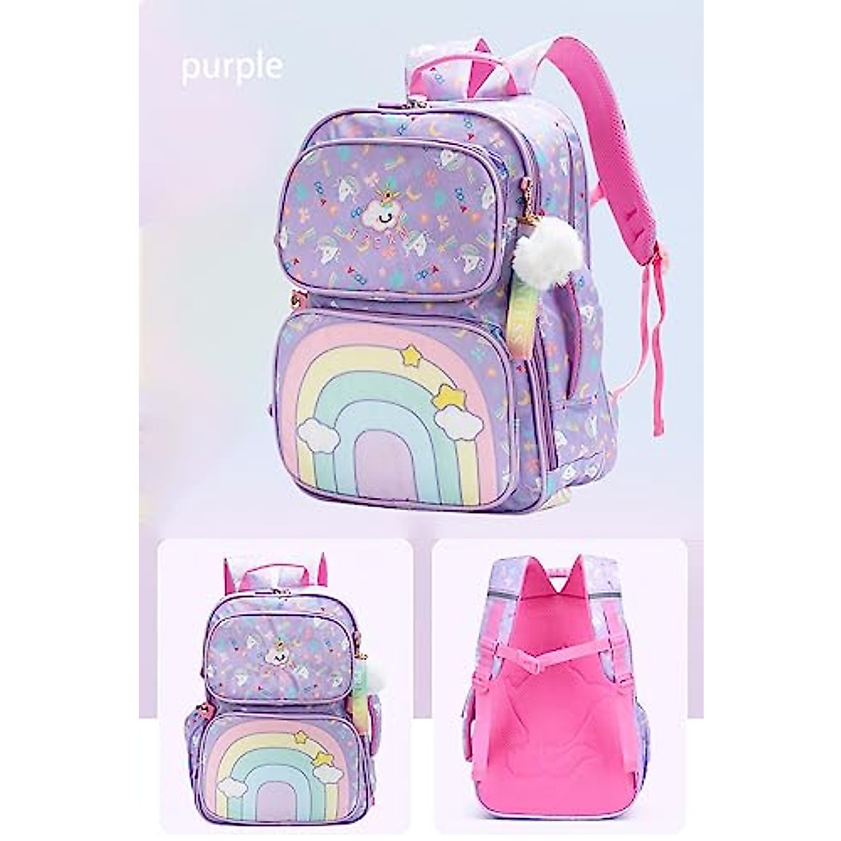 Rxudurp Girls Rainbow Backpacks Unicorn School Bags for Kids 6-8 Cute Bookbag Elementary School Backpack for Girls 8-12
