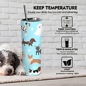 Dog Tumbler with Lid and Straw Dog Paw Print Coffee Animal Travel Mug 20oz Dog Stainless Steel Cup，Dog Lovers Gifts for Women