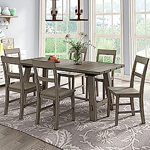 KoiHome Kitchen East-West Set-76 Retro Industrial Style Rectangular 18" Leaf and 6 Chairs, Modern Solid Wood Room, Distressed Finish, Gray, 7-Piece Dining Table Set