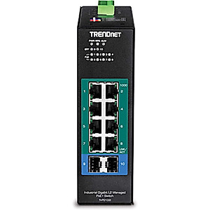 TRENDnet 10-Port Industrial Gigabit L2 Managed PoE+ DIN-Rail Switch, 8 x Gigabit PoE+ Ports, DIN-Rail Mount, 2 x SFP Slots, 24–57V DC Power Input, IP30, VLAN, Lifetime Protection, Black, TI-PG102i