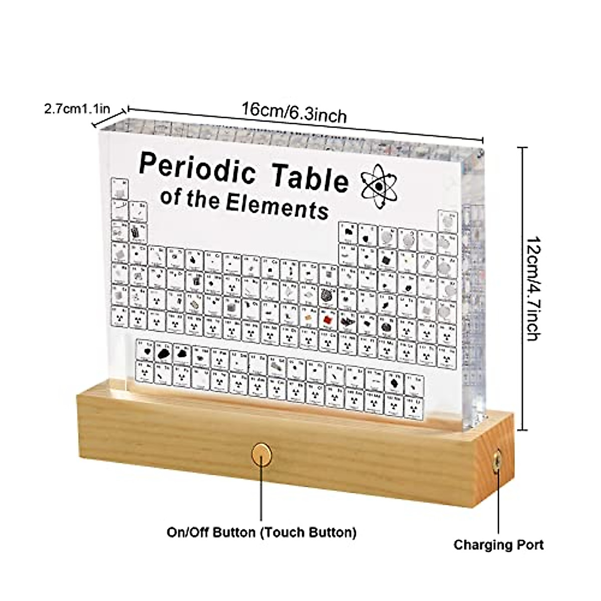 Periodic Table with Real Elements Inside, Transparent Acrylic Specimen Display Board Size 6.3 × 4.7 × 1.1 Inches Periodic Table Ornament for Child Education (with Rechargeable Lantern Base)