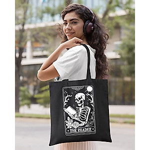 AUSVKAI Canvas Tote Bag Aesthetic for Women, Cute Book&skull Reusable Cloth Cotton Bags for College Shopping Beach Grocery Trendy Gifts